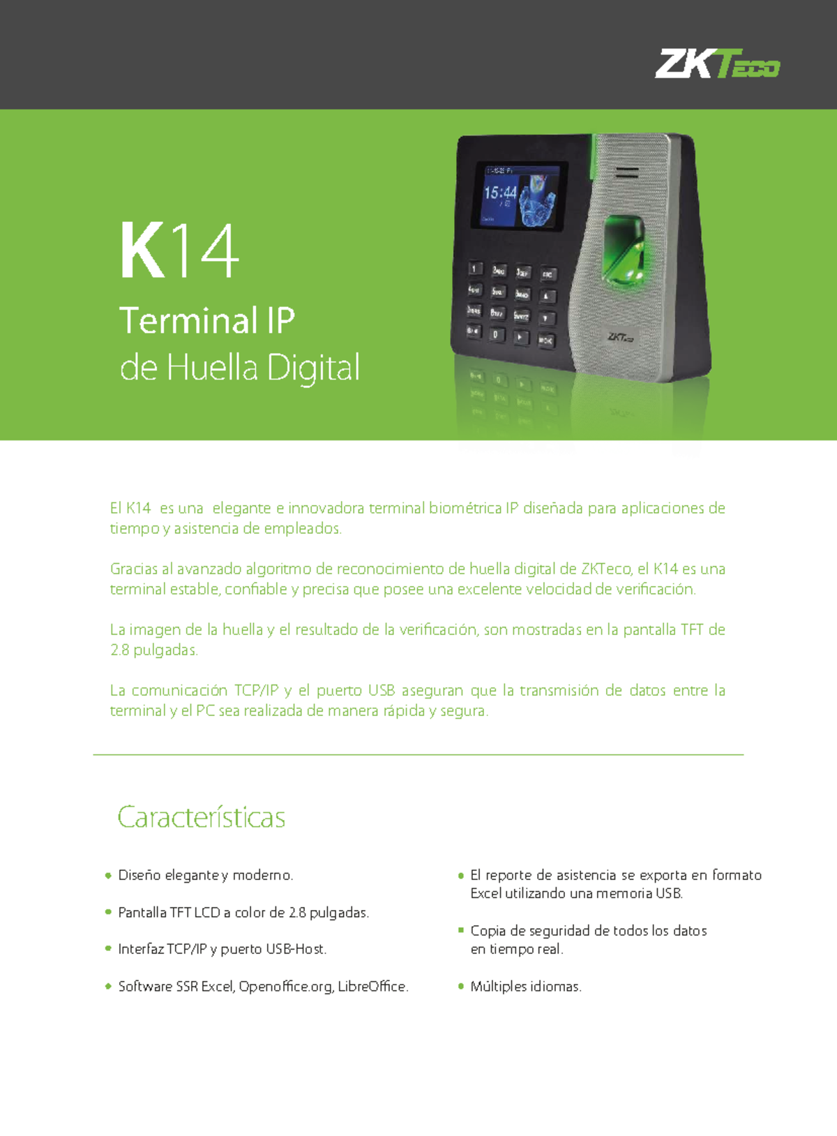 Ficha-Tecnica CONTROL DE ACCESO - K 14 Terminal IP de Huella Digital El ...