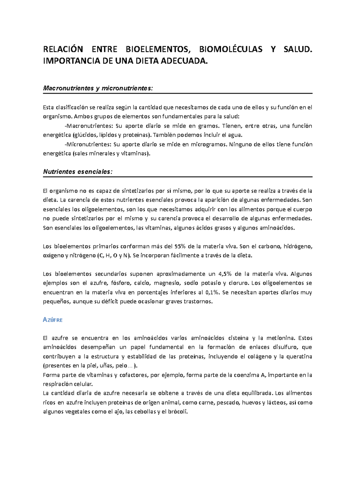 RelacióN Entre Bioelementos, Biomolé Culas Y Salud.docx - RELACIÓN ...