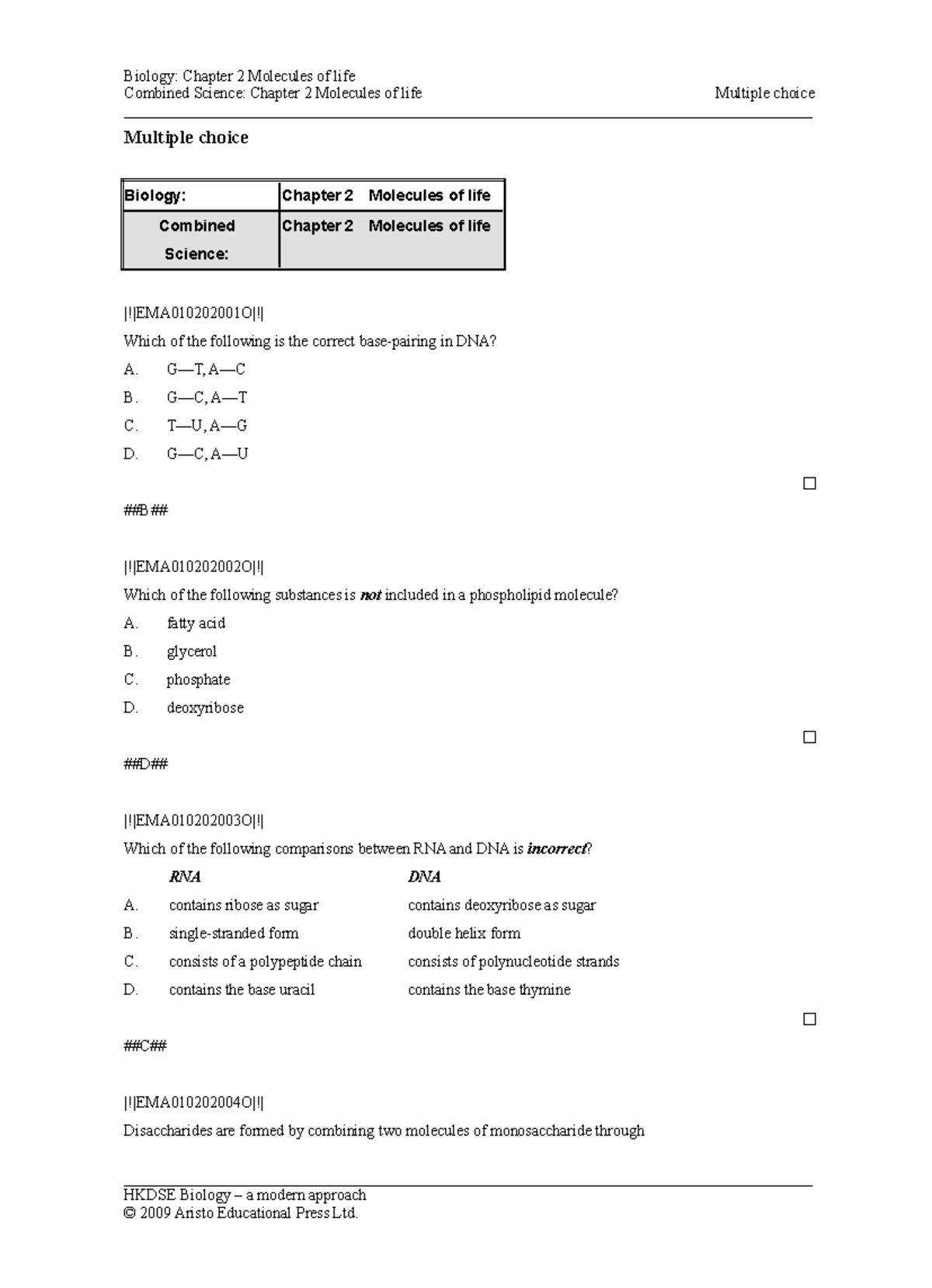 Biology: Combined Science Chapter 2 Molecules of Life MC Questions ...