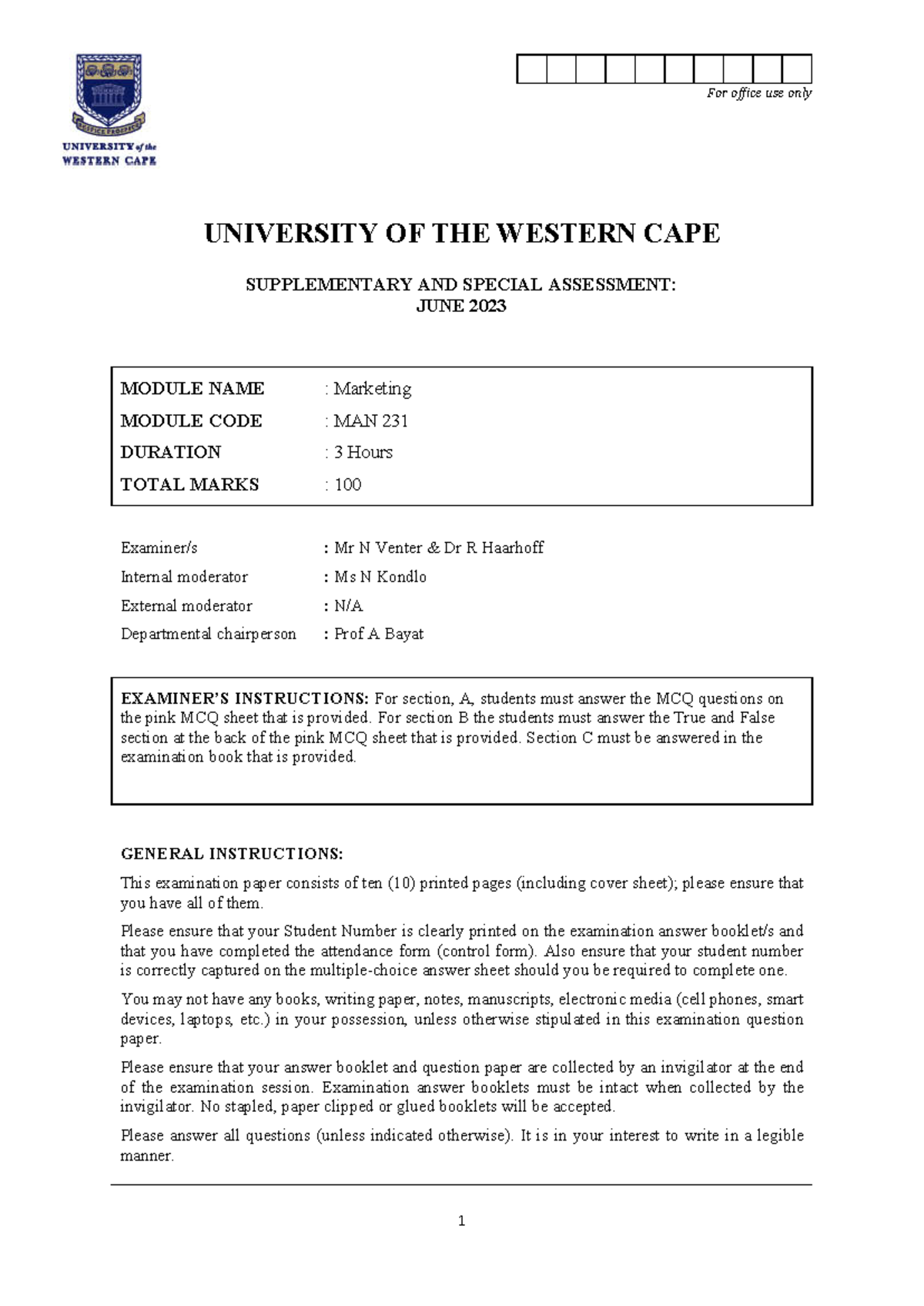 MAN231 June 2023 Suppl Exam - Question Paper & Instructions - Studocu