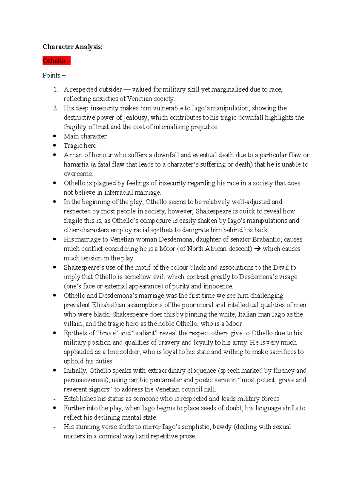 English EE Revision: Character Analysis of Othello and Key Themes - Studocu