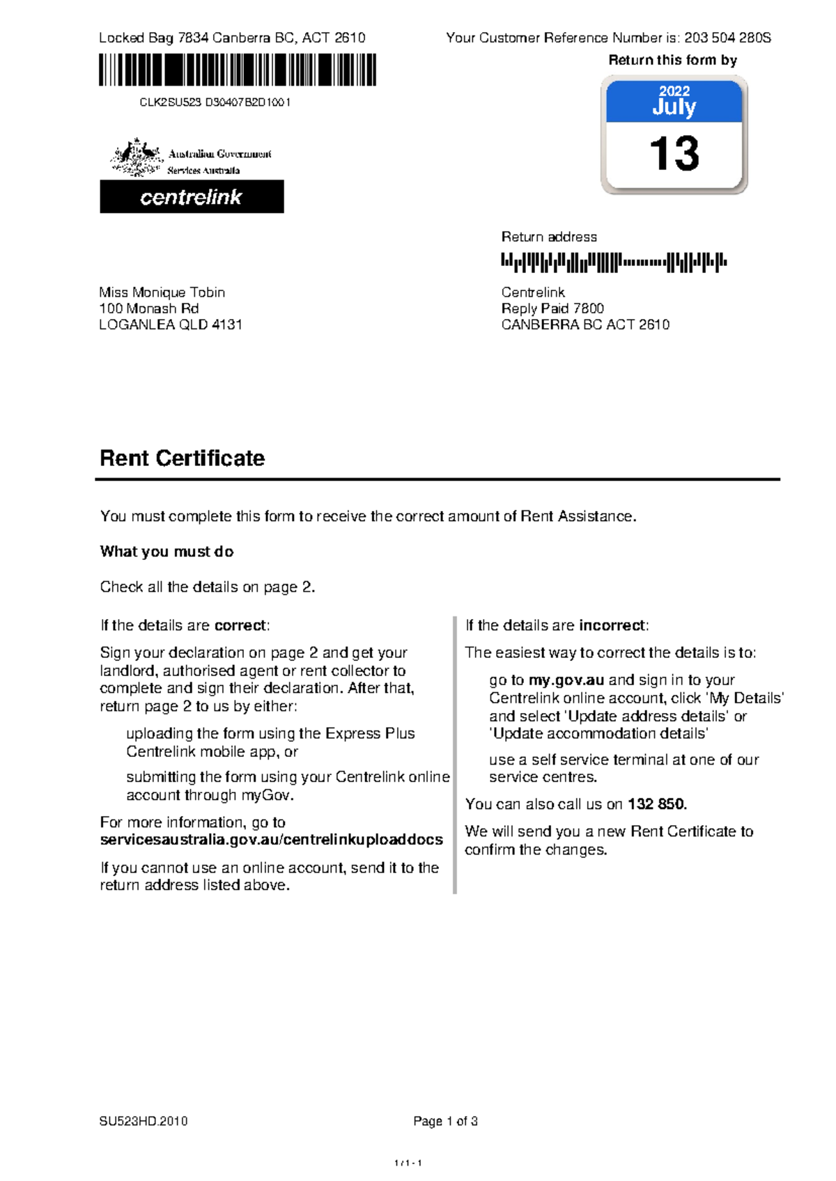 Rent Certificate for Centrelink Assistance - SU523HD 2022 - Studocu