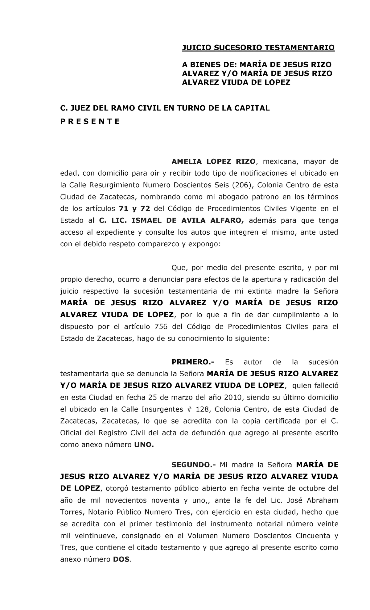 Juicio Sucesorio Testamentario de María de Jesús Rizo Álvarez - Studocu