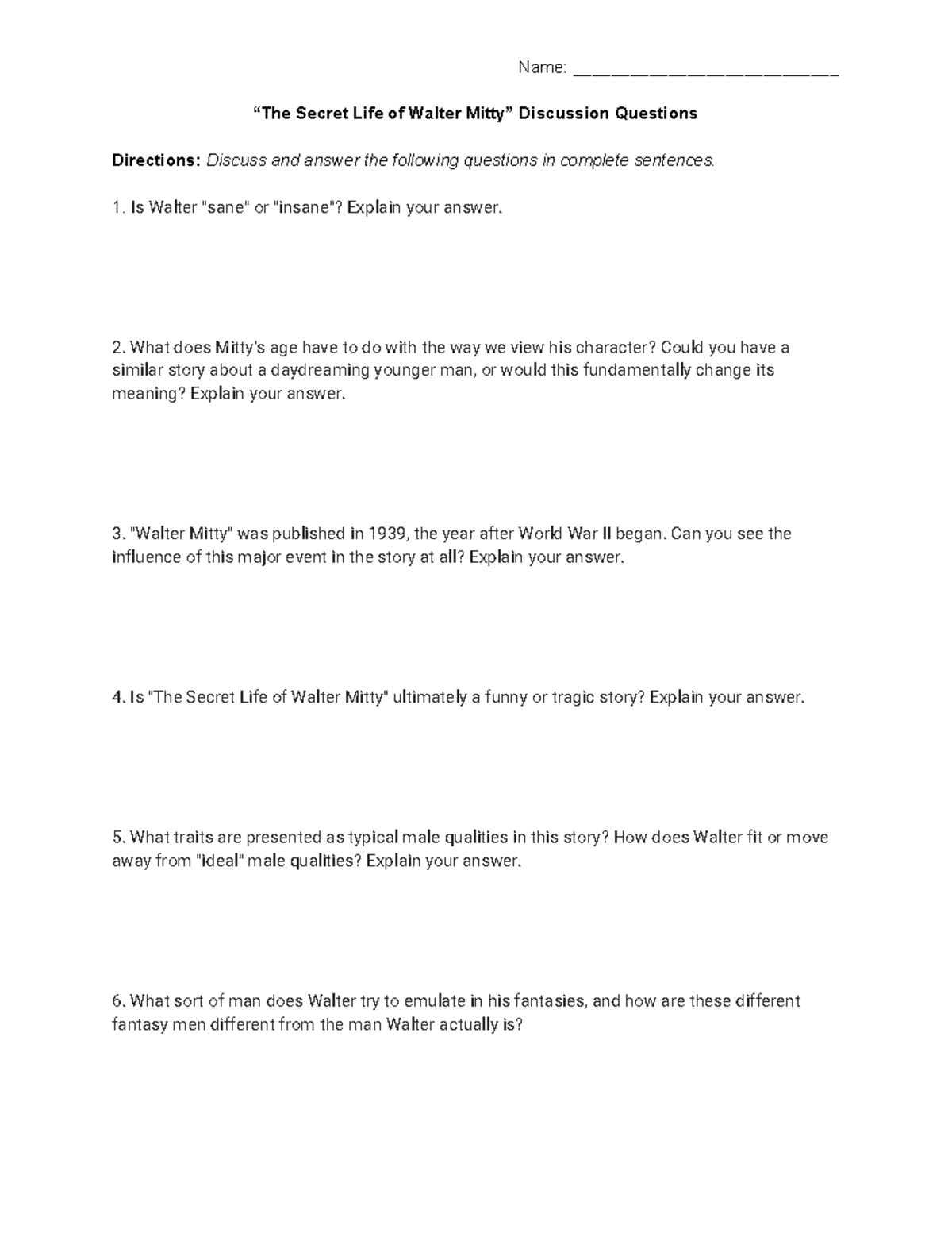 ENG 200: The Secret Life of Walter Mitty - Discussion Questions Guide ...