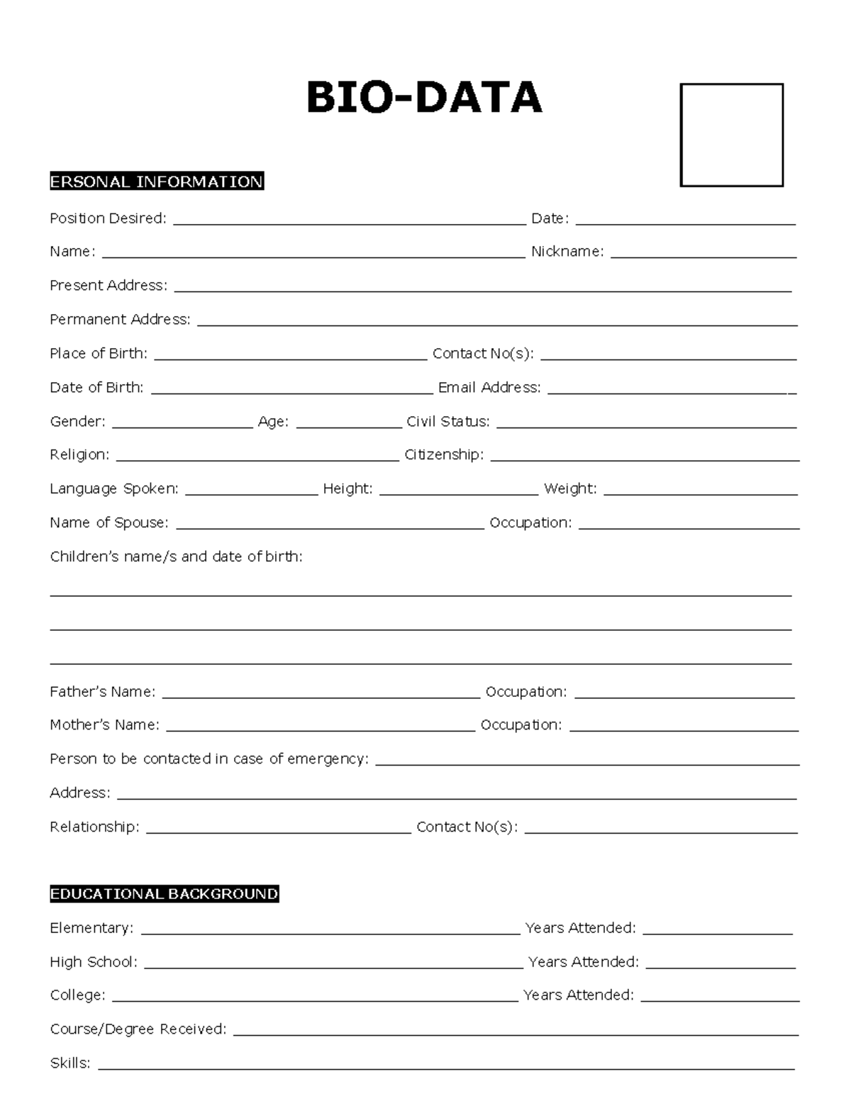 Biodata Template for Job Applications and Personal Use - Studocu