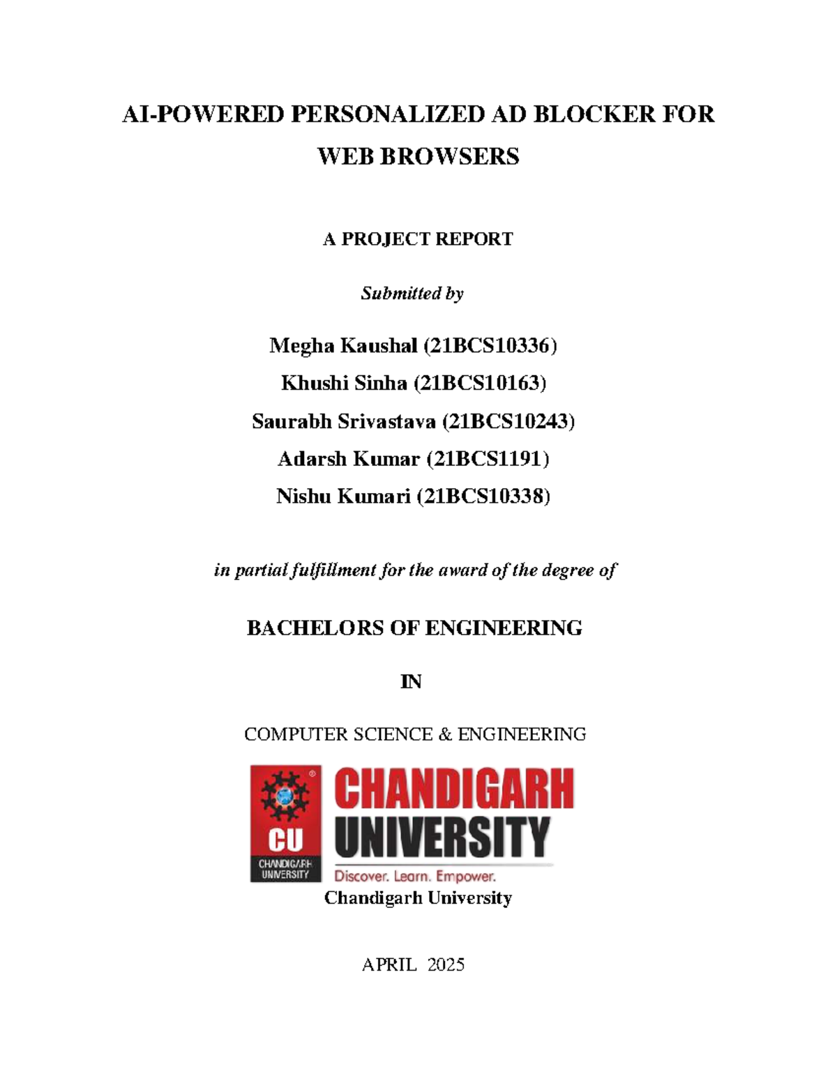 Personalized Ad Blocker for Web Browsers: Project Report (21BCS) - Studocu