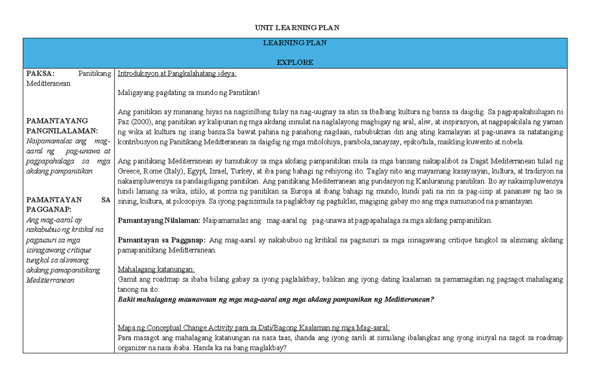 Learning PLAN Filipino 10 (Q1): Panitikang Mediterranean at mga Gawain ...