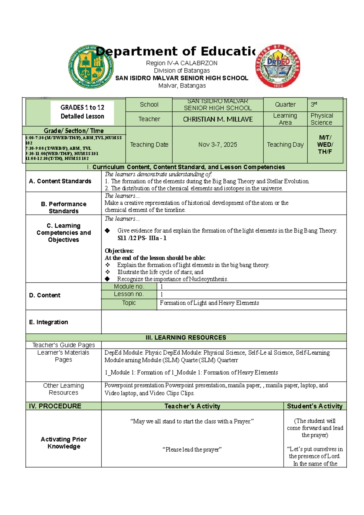 Physical Science Lesson Plan: Formation of Elements (ABM, TVL, HUMSS ...