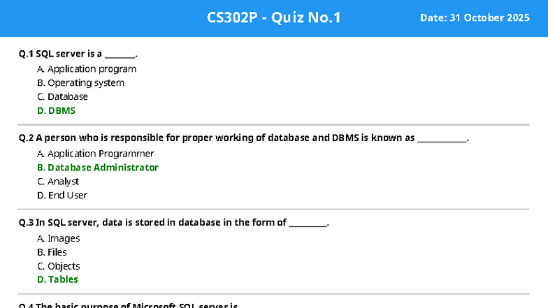 CS302P Quiz No.1 - SQL Server & Management Concepts - Studocu