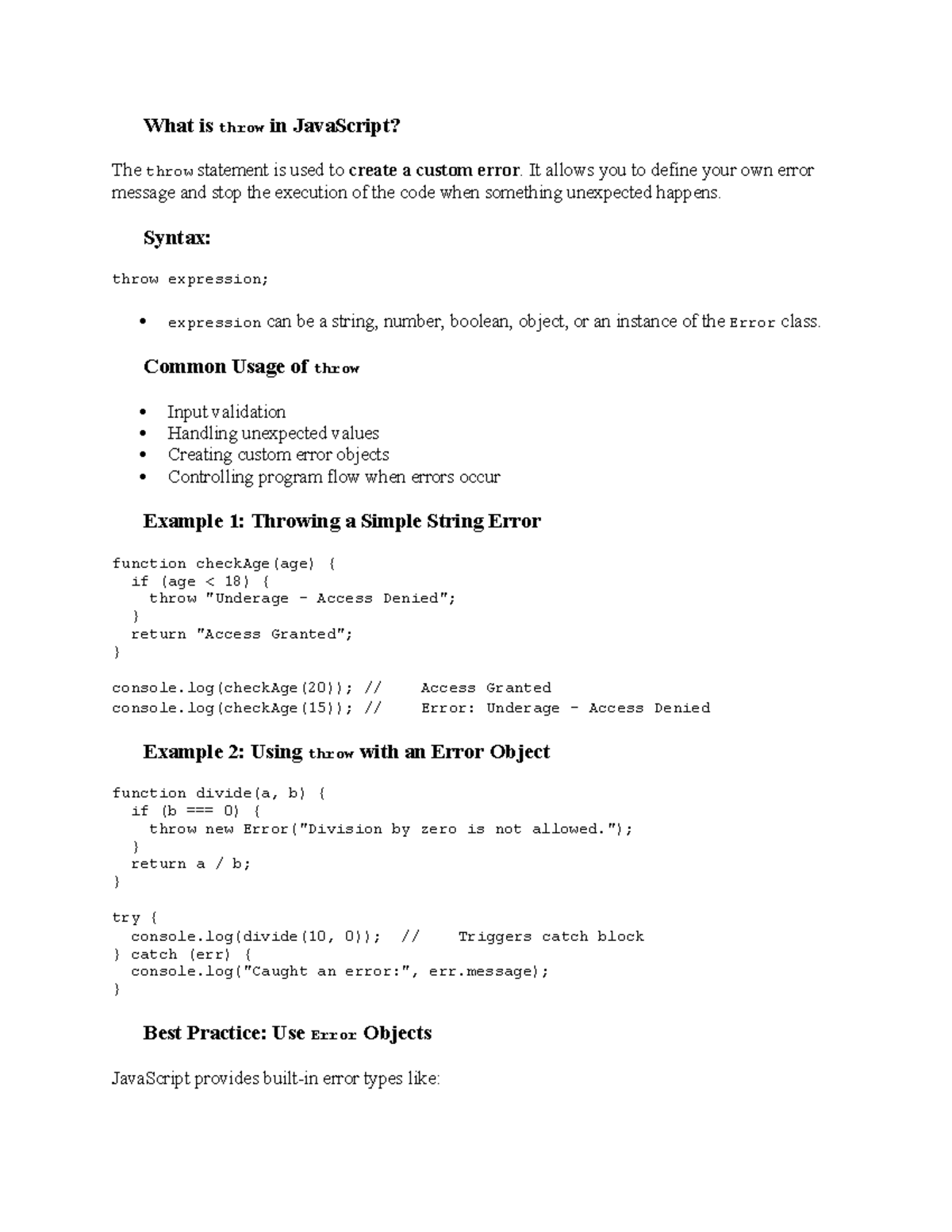 Understanding the 'throw' Statement in JavaScript: Custom Errors Explained - Studocu