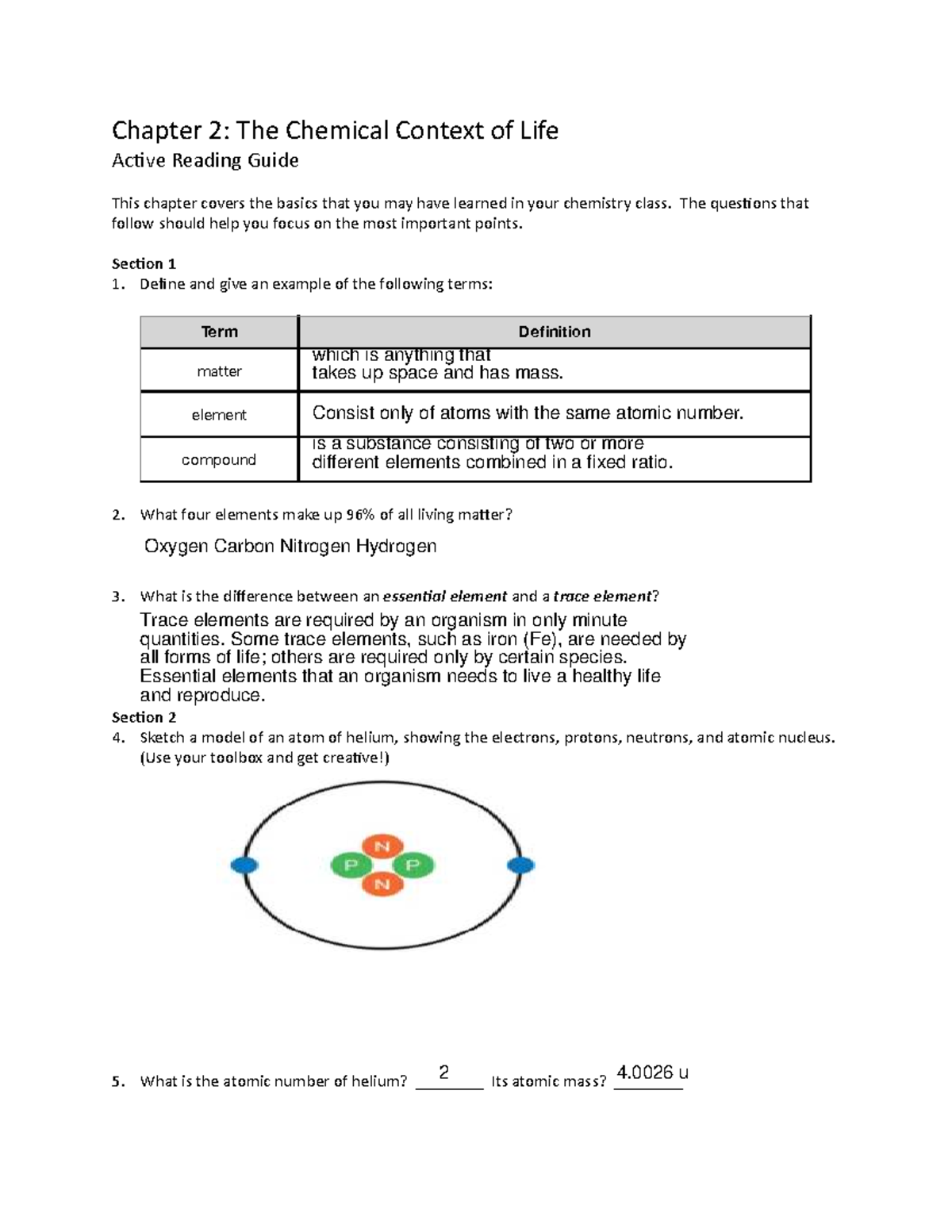 Chapter 2: The Chemical Context of Life - Active Reading Guide - Studocu