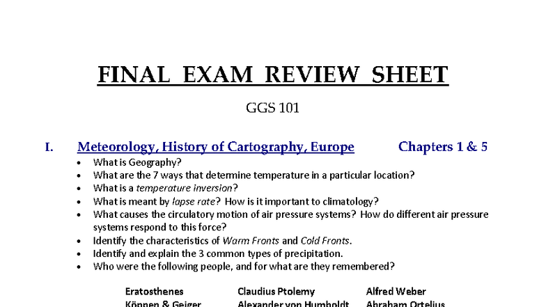 Final Exam Review Sheet for GGS 101: Meteorology & Geography Topics ...