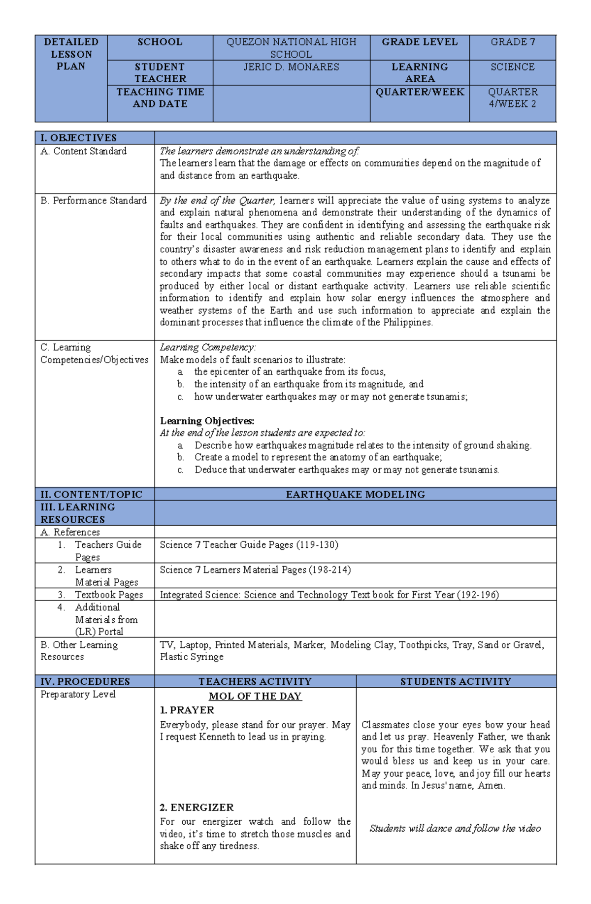 Earthquake Modeling Lesson Plan - Grade 7 Science (Quarter 4, Week 2 ...
