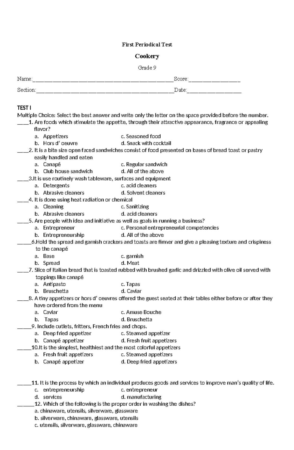Cookery 9 - First Periodical Test: Multiple Choice Questions - Studocu