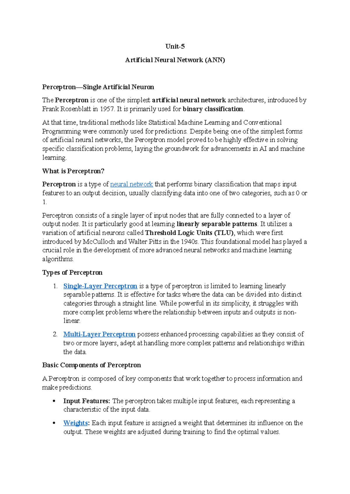 Unit-5: Understanding Perceptrons and Restricted Boltzmann Machines - Studocu