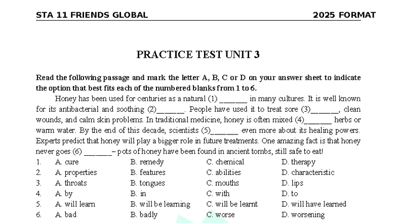 STA 11 Friends Global 2025 Format Practice Test Unit 3 - Studocu