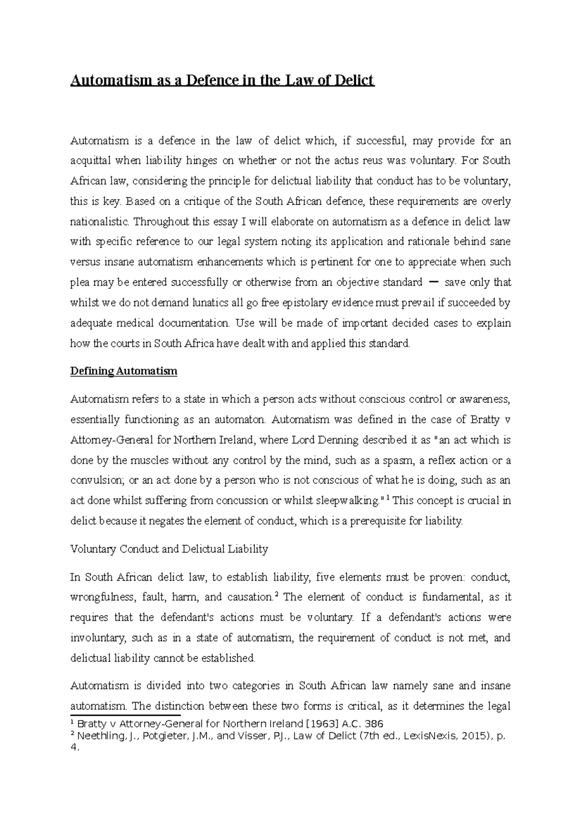 Automatism as a Legal Defence in South African Delict Law: Analysis ...