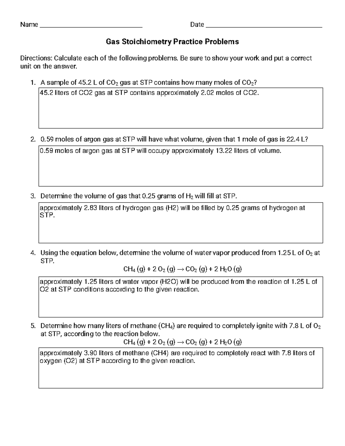 Gas Stoichiometry Practice Problems - Solutions & Work Shown - Studocu