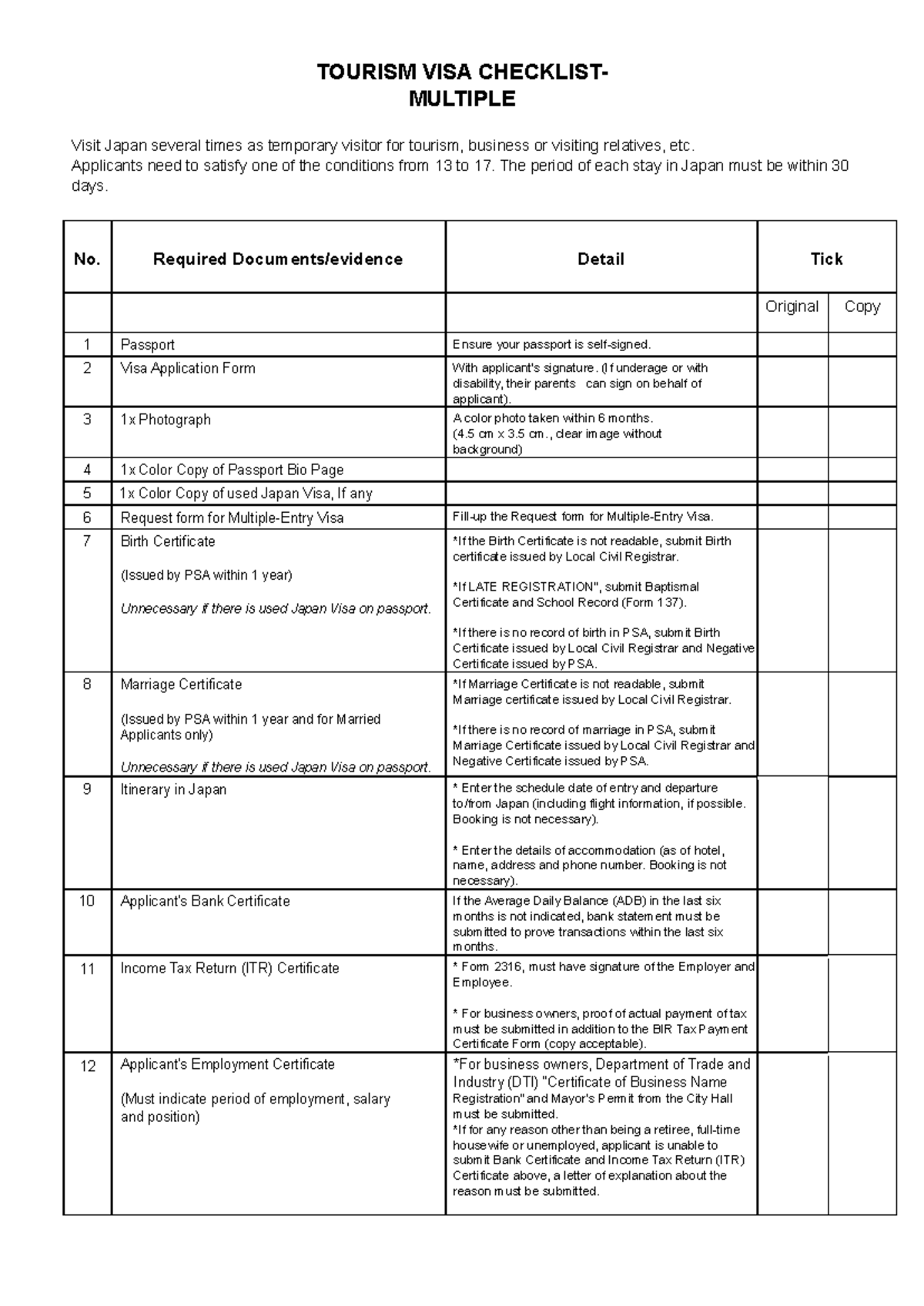 TOURISM VISA CHECKLIST: MULTIPLE ENTRY TO JAPAN - Studocu