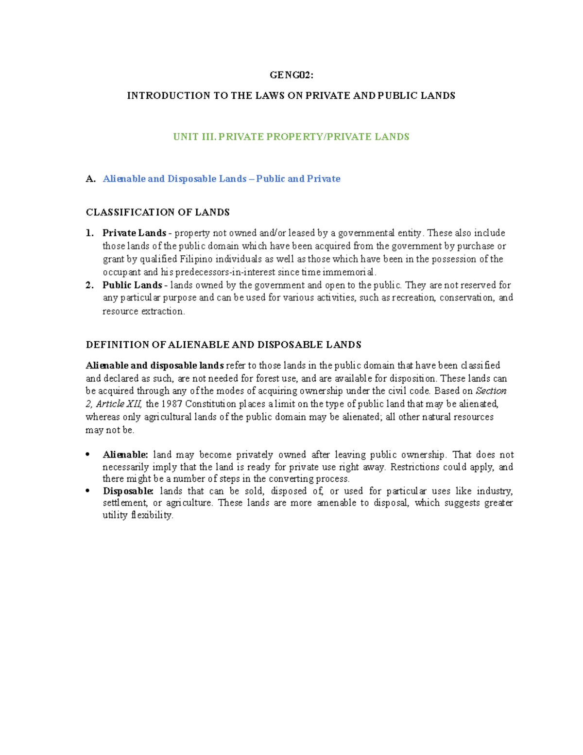 GENG02 UNIT III Report: Key Concepts of Alienable and Disposable Land ...