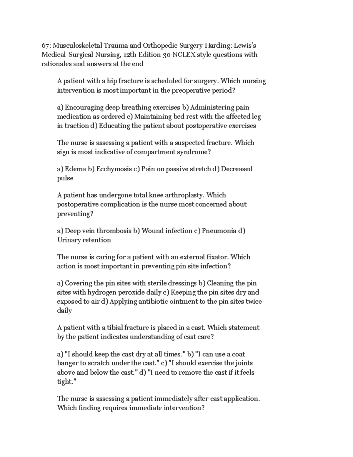 67: Musculoskeletal Trauma & Orthopedic Surgery - NCLEX Qs Part 2 - Studocu