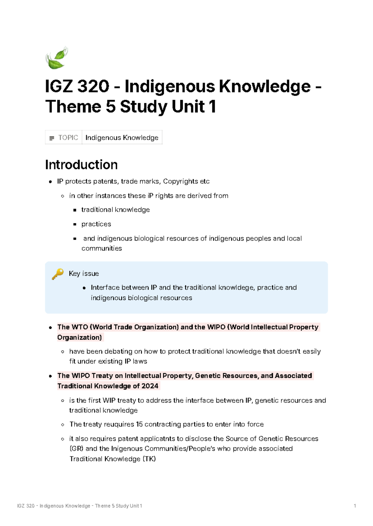 IGZ 320 Indigenous Knowledge Theme 5 Study Unit 1: IP Rights and ...