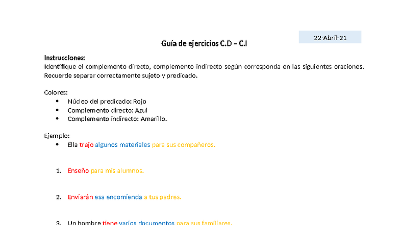 Ejercicios de Complementos Directos e Indirectos - C.D C.I Final - Studocu