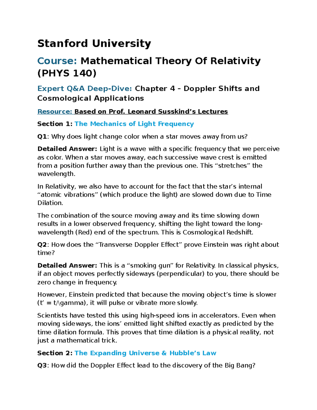 PHYS 140 Chapter 4: Relativistic Doppler Effect & Cosmic Expansion QA ...