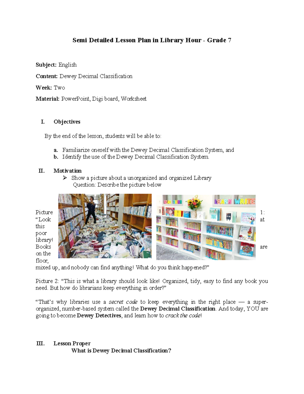 LP Grade 7 Week 2: Dewey Decimal Classification Lesson Plan - Studocu