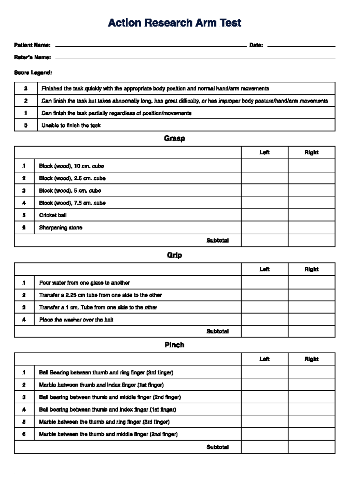 Action research arm test - Action Research Arm Test Patient Name: Date ...