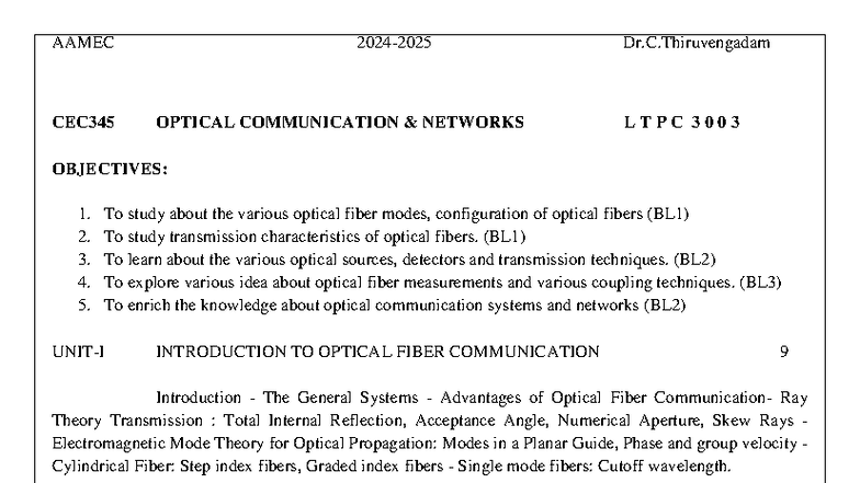 CEC345 OCN Study Material: Optical Communication Networks Overview ...