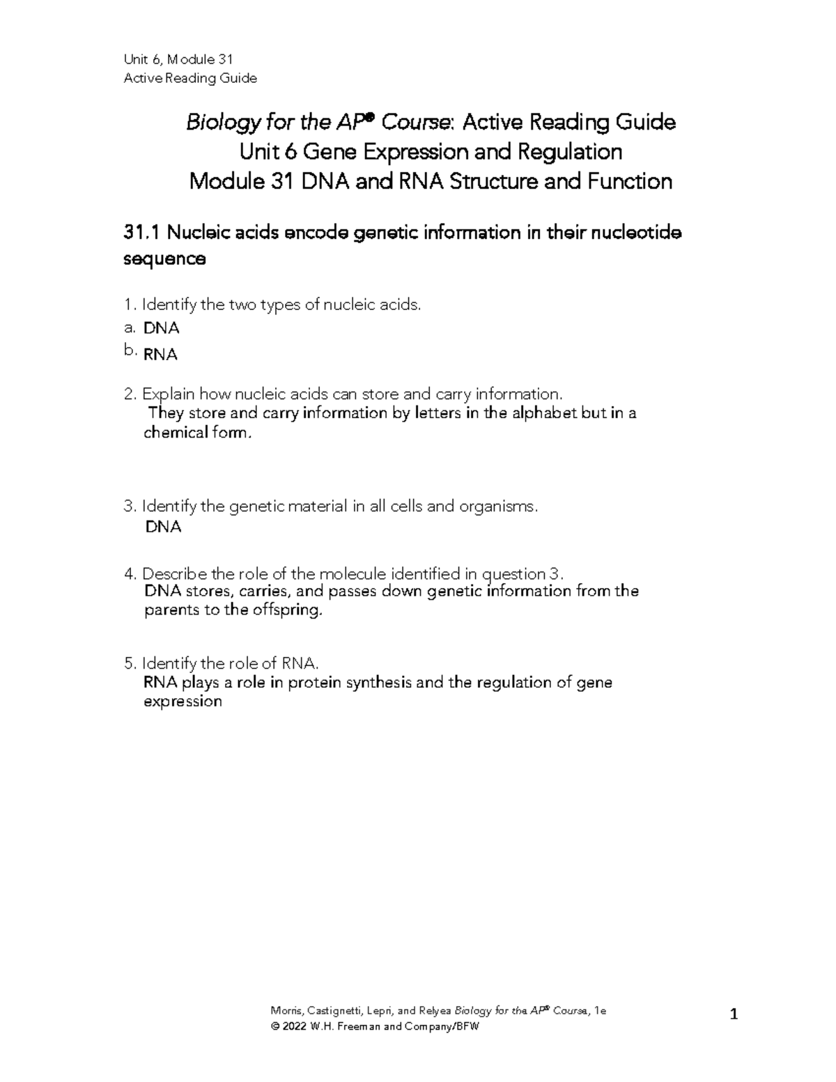 Module 31 RG Homework - Answers - Active Reading Guide 1 Biology for ...