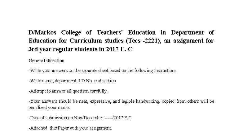 Curriculum Assignment Questions for 3rd Year Education Students - Studocu