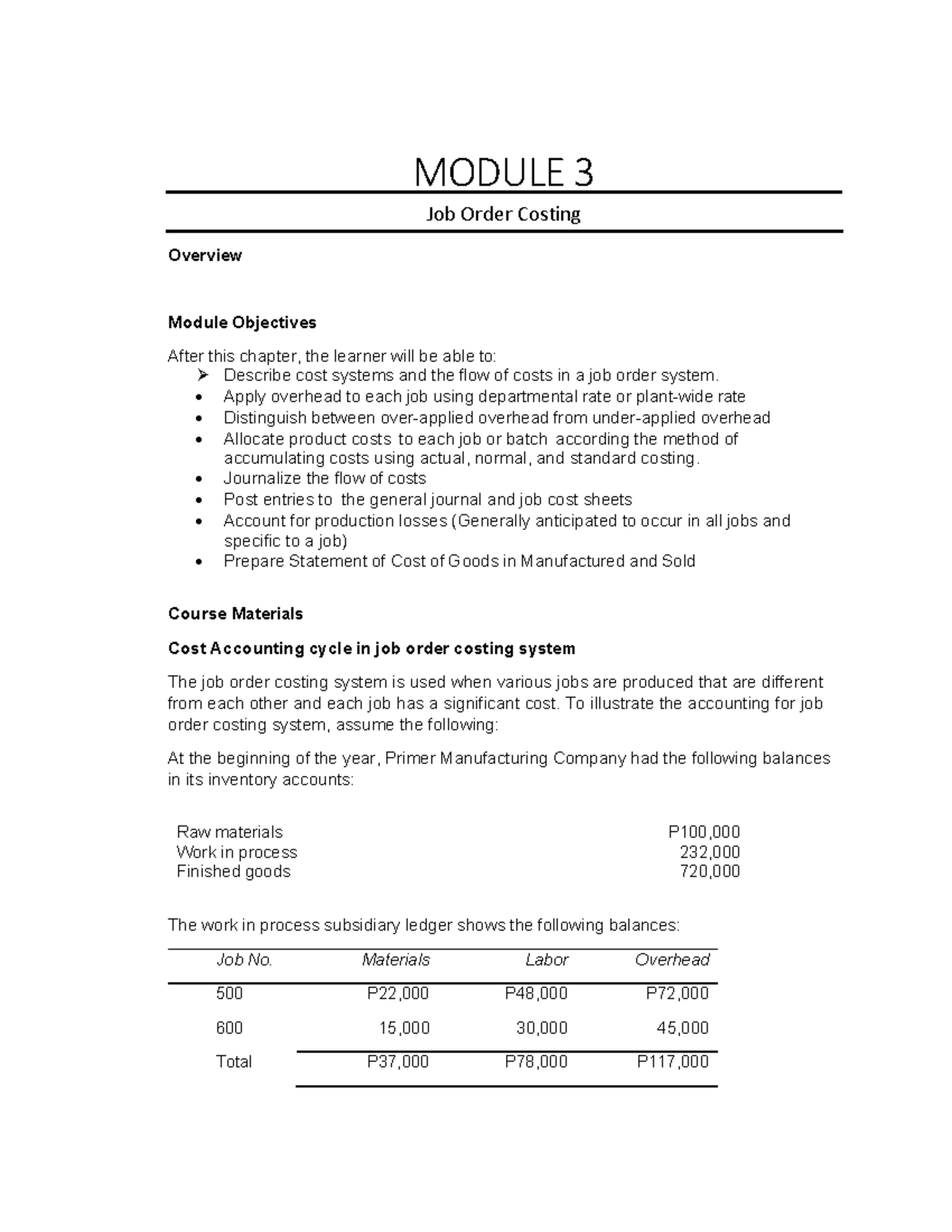 MODULE 3 Job Order Costing System Overview and Applications - Studocu
