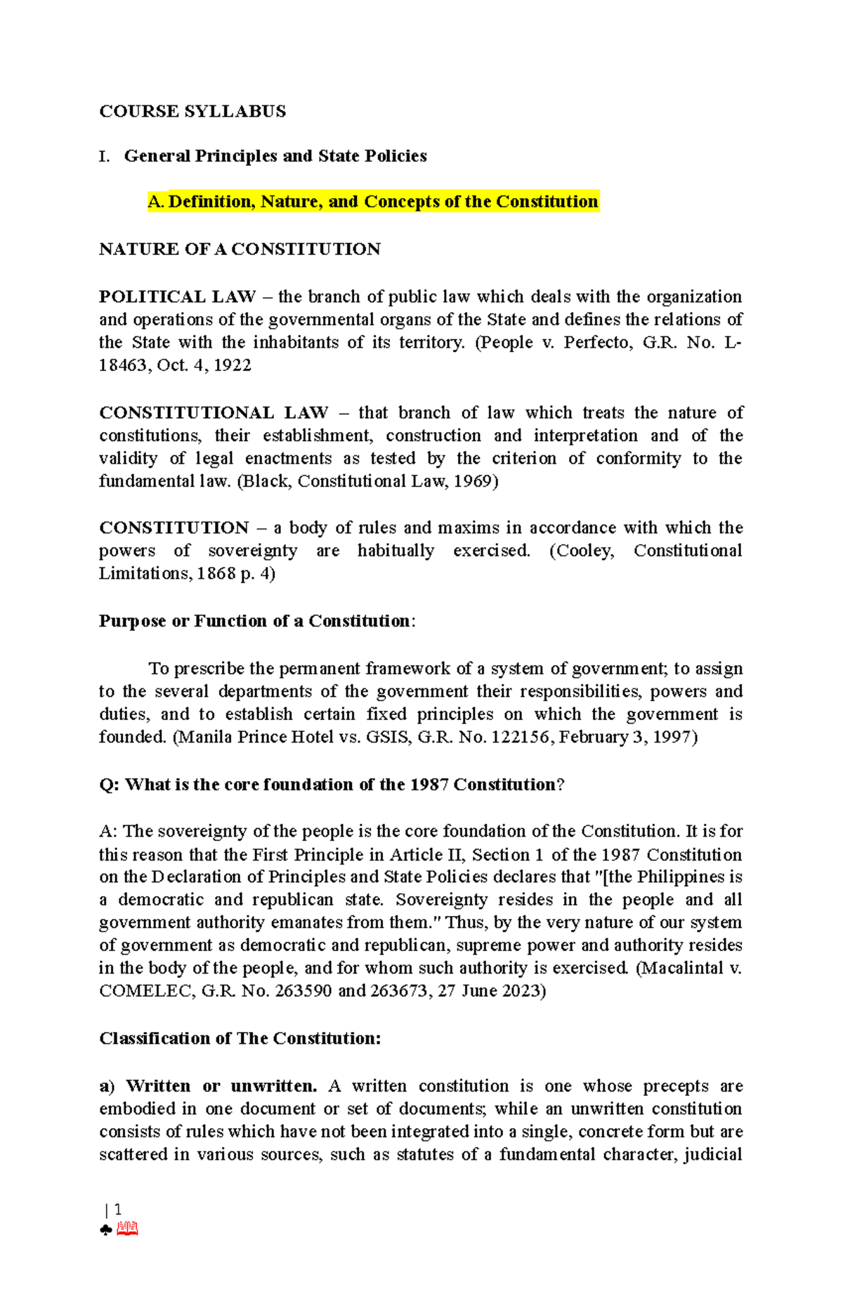 Revised Consti Law Rev Syllabus 2025 Bar Syllabus Based - COURSE SYLLABUS I. General Principles ...
