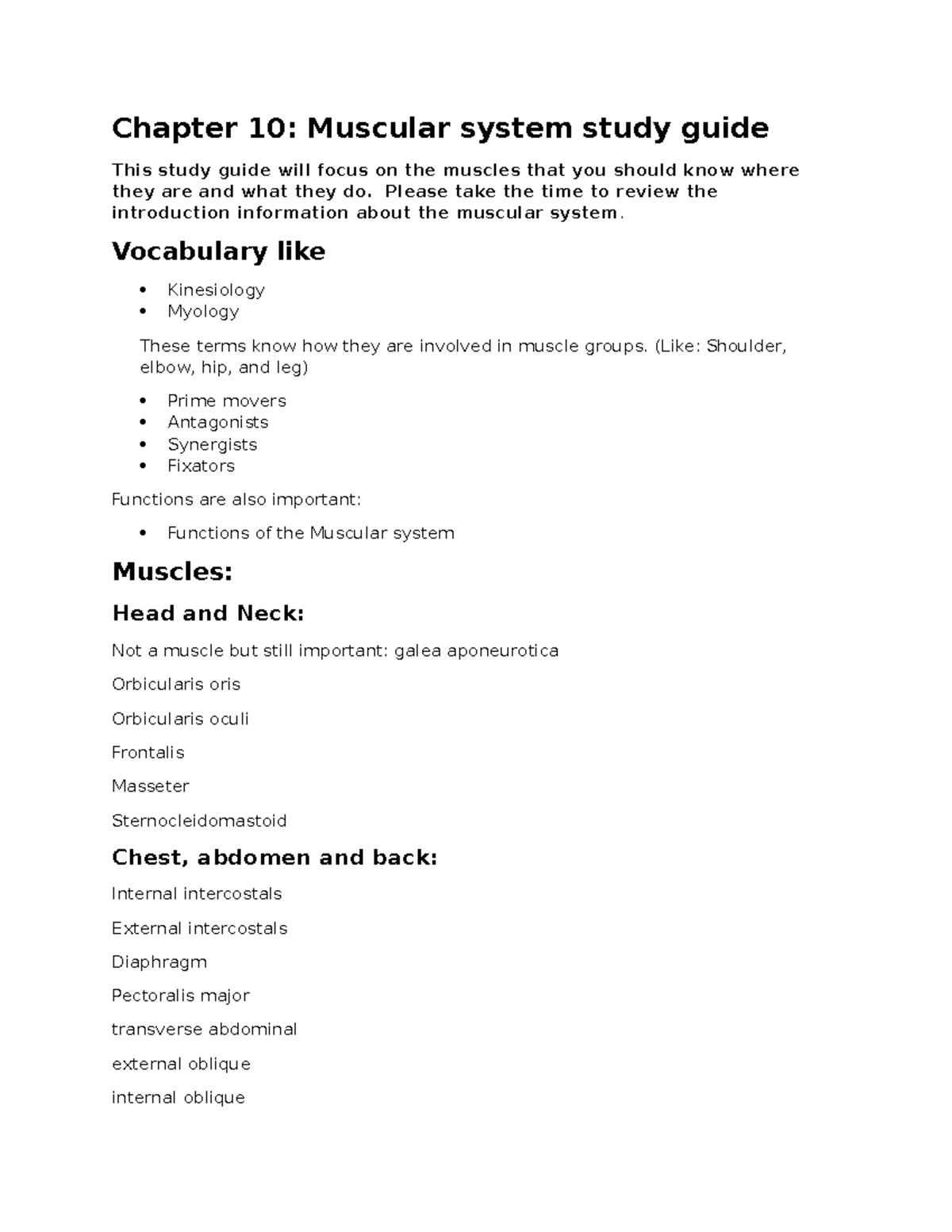 Chapter 10: Muscular System Study Guide - Key Concepts and Functions ...