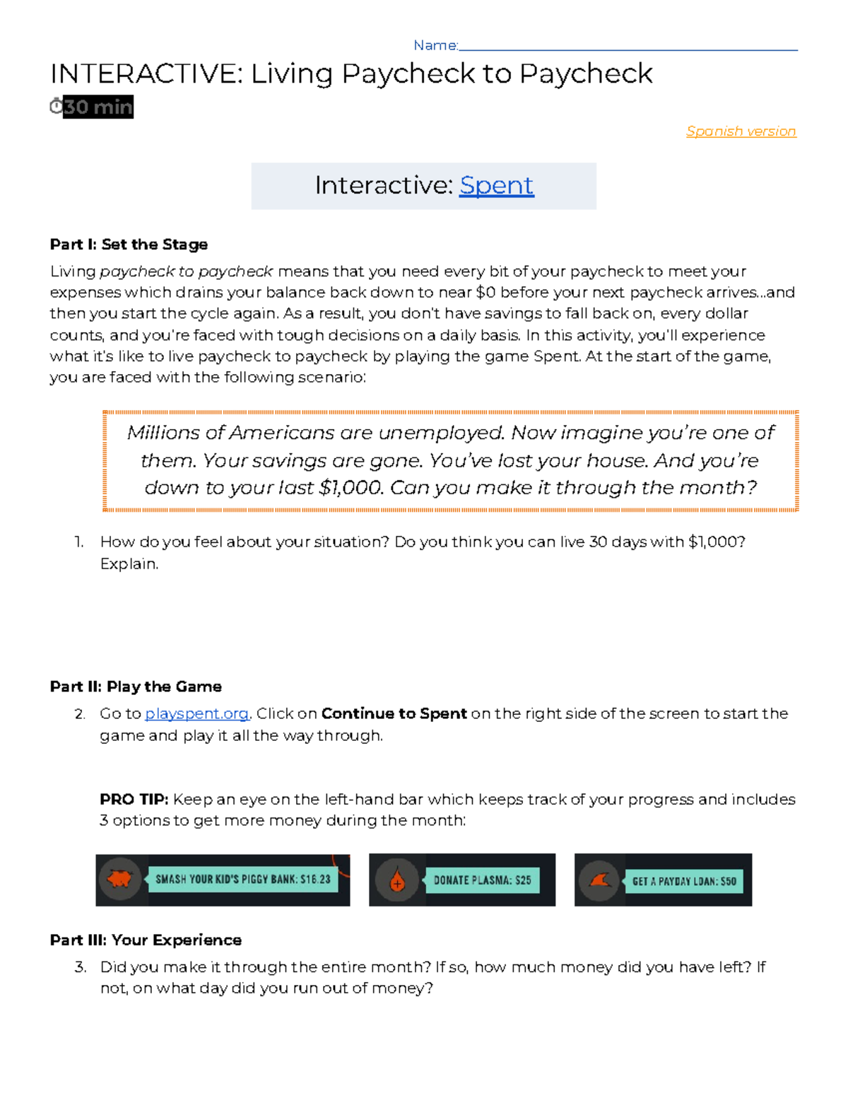 Interactive Living Paycheck to Paycheck - Name