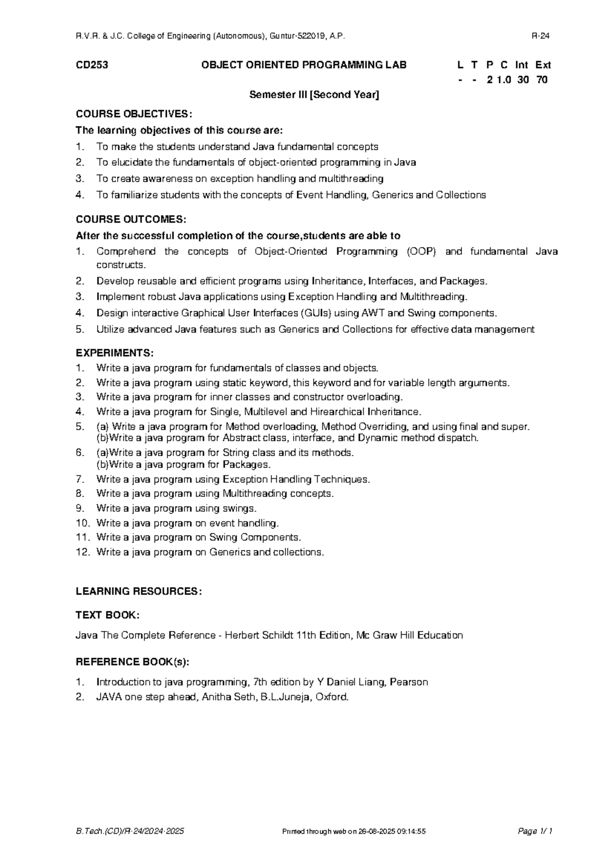 CD253 Object Oriented Programming Lab Syllabus - R.V.R. J.C. College - Studocu