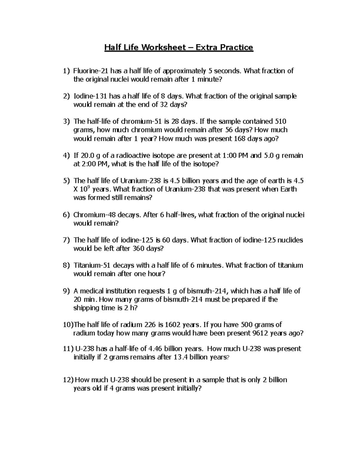 Half-Life Calculation Worksheet & Solutions: Radioisotopes (Extra ...