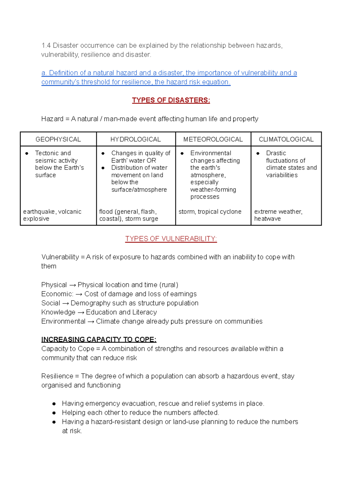 Types of Disasters and Degg's Hazard Risk Model Explained - Studocu