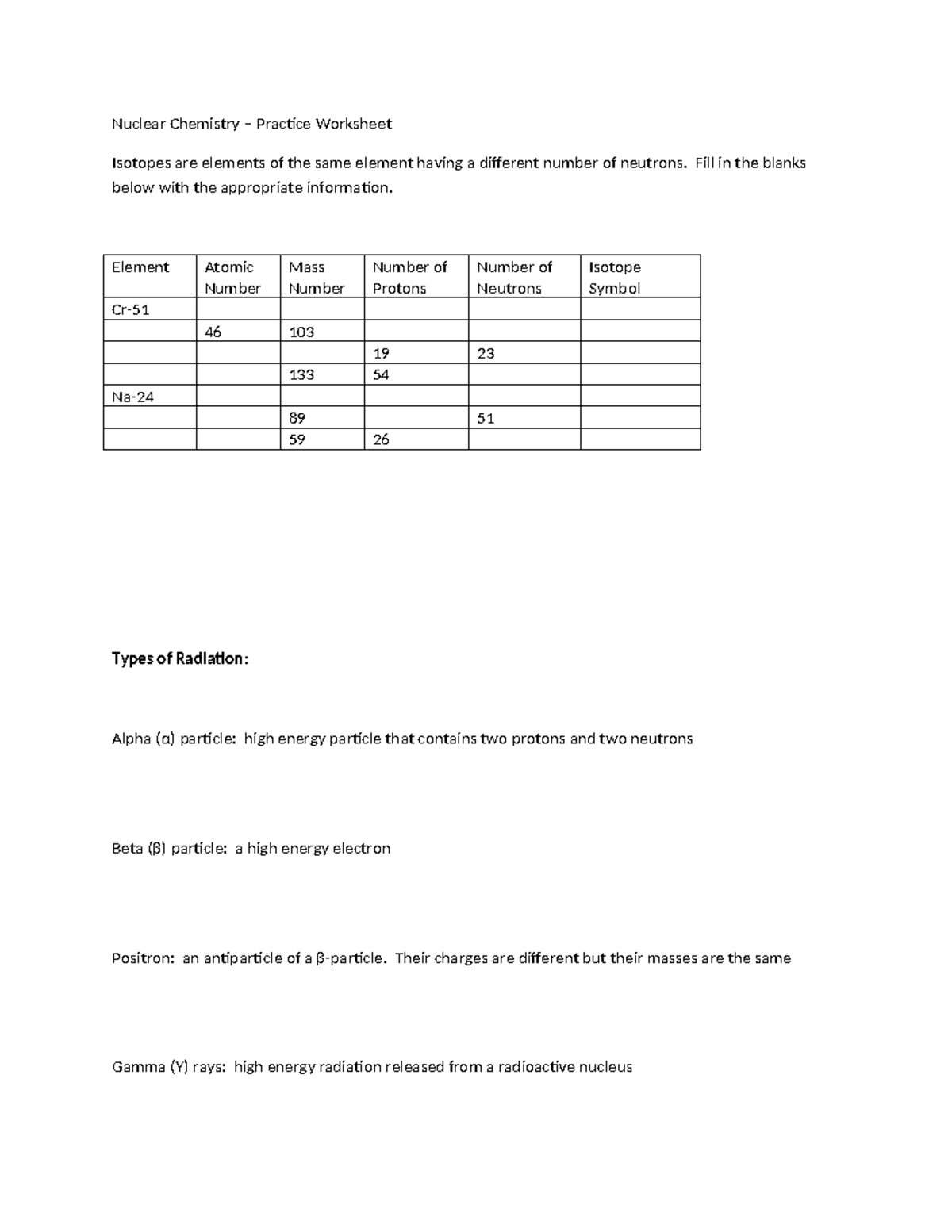 Nuclear Chemistry – Practice Worksheet - Studocu