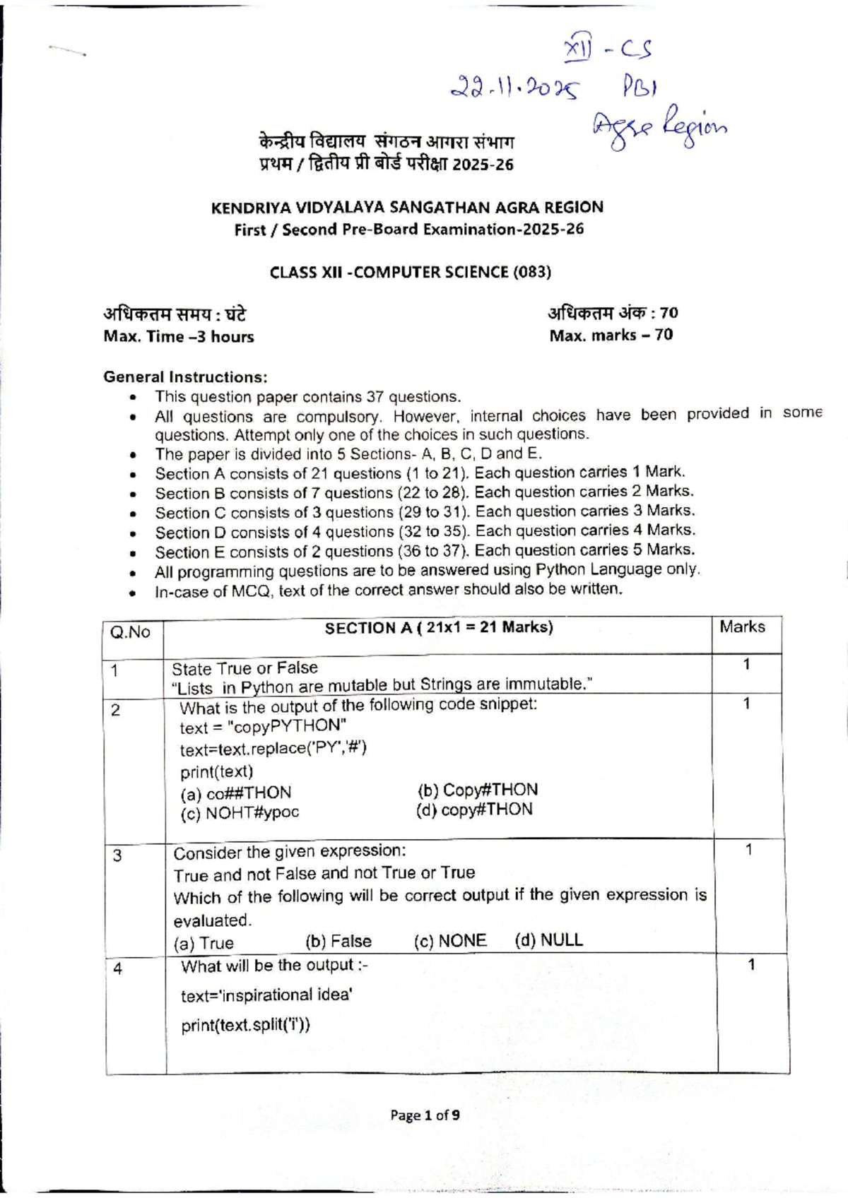 PB1 CS QP AGRA 22.11.2025 - Class XII Science Exam Paper - Studocu