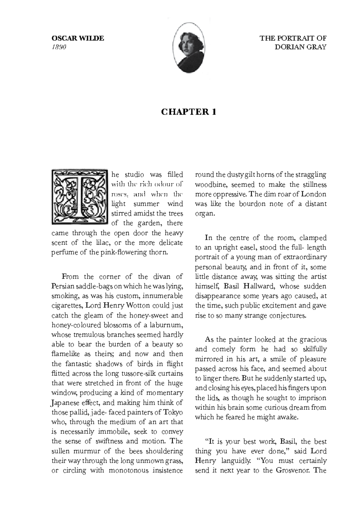 OSCAR WILDE 1890 THE PORTRAIT OF DORIAN GRAY CHAPTER 1 ANALYSIS - Studocu