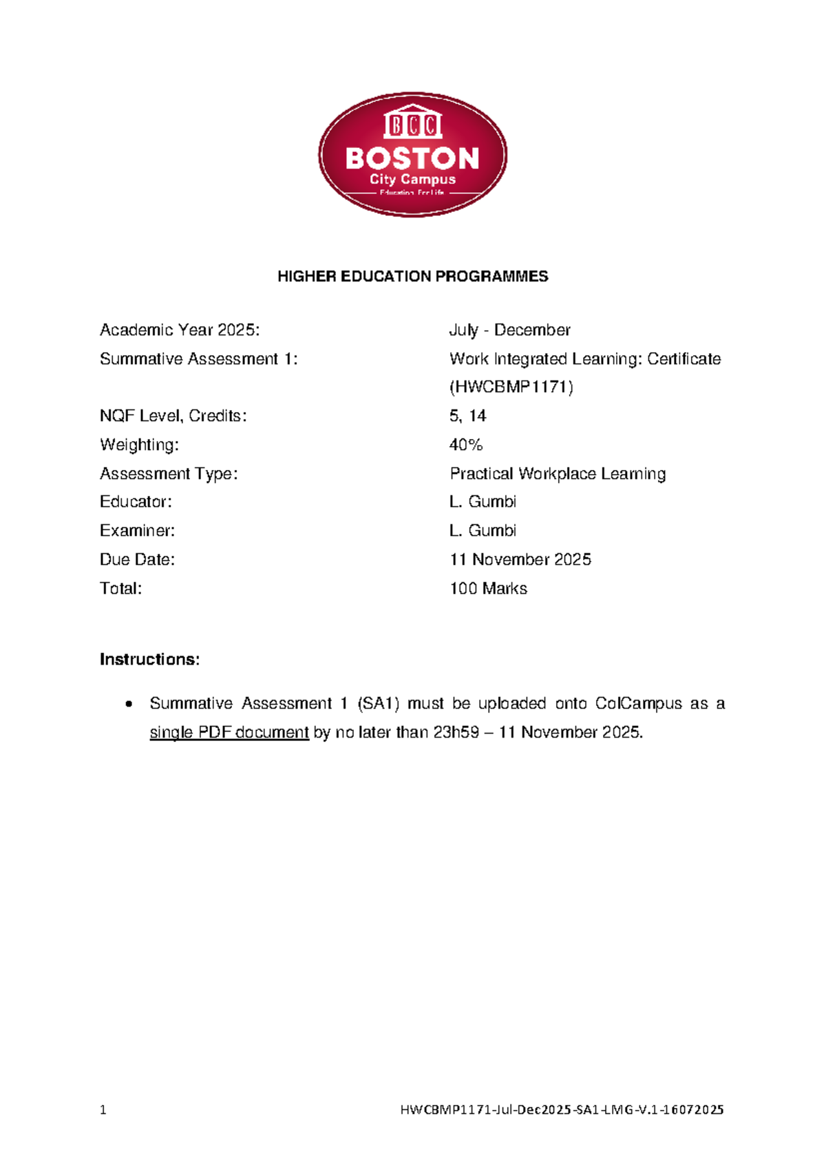 HWCBMP1171: Summative Assessment 1 - Practical Workplace Learning Guide ...