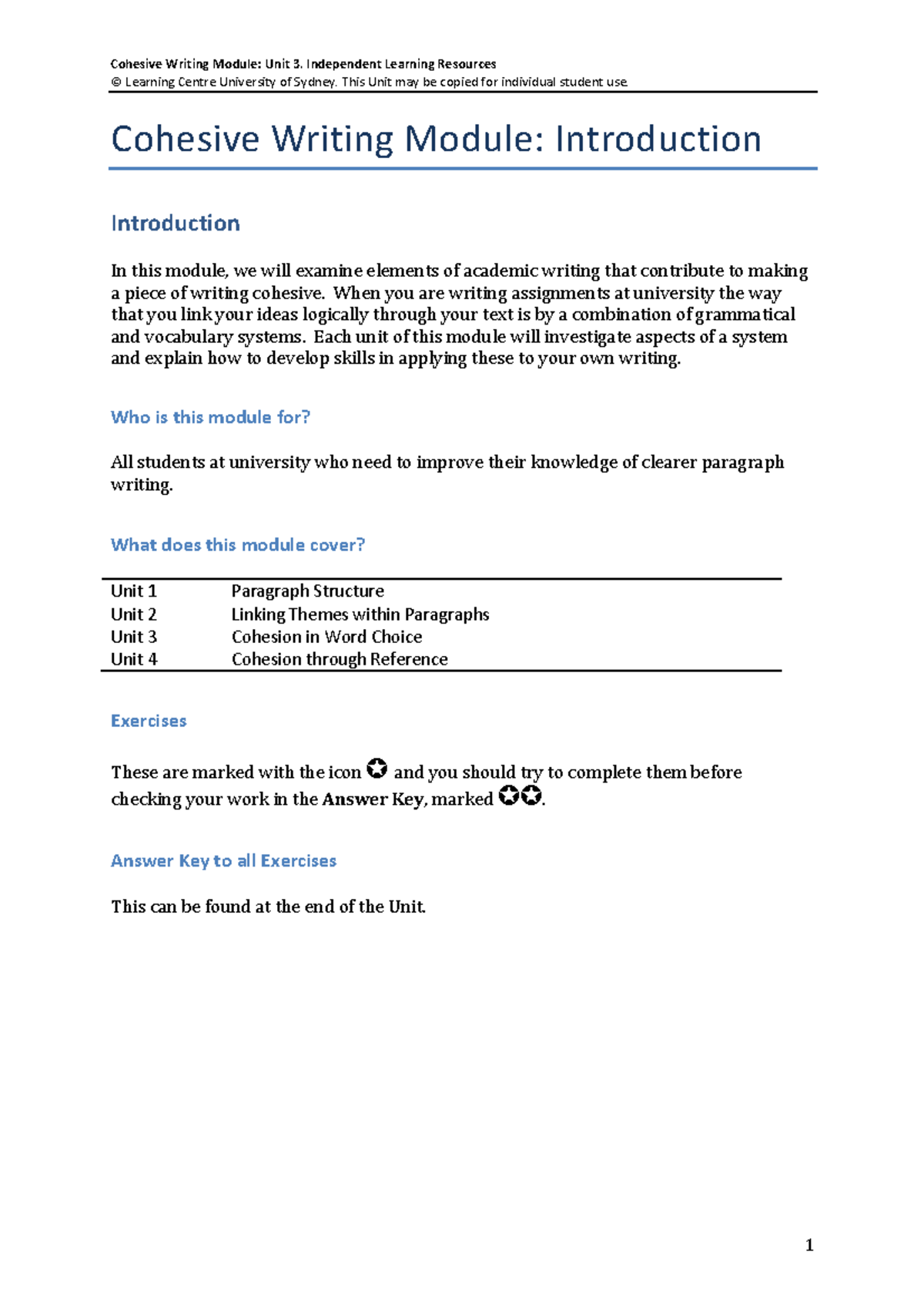 Cohesive Writing Module: Unit 3 - Cohesion in Word Choice - Studocu