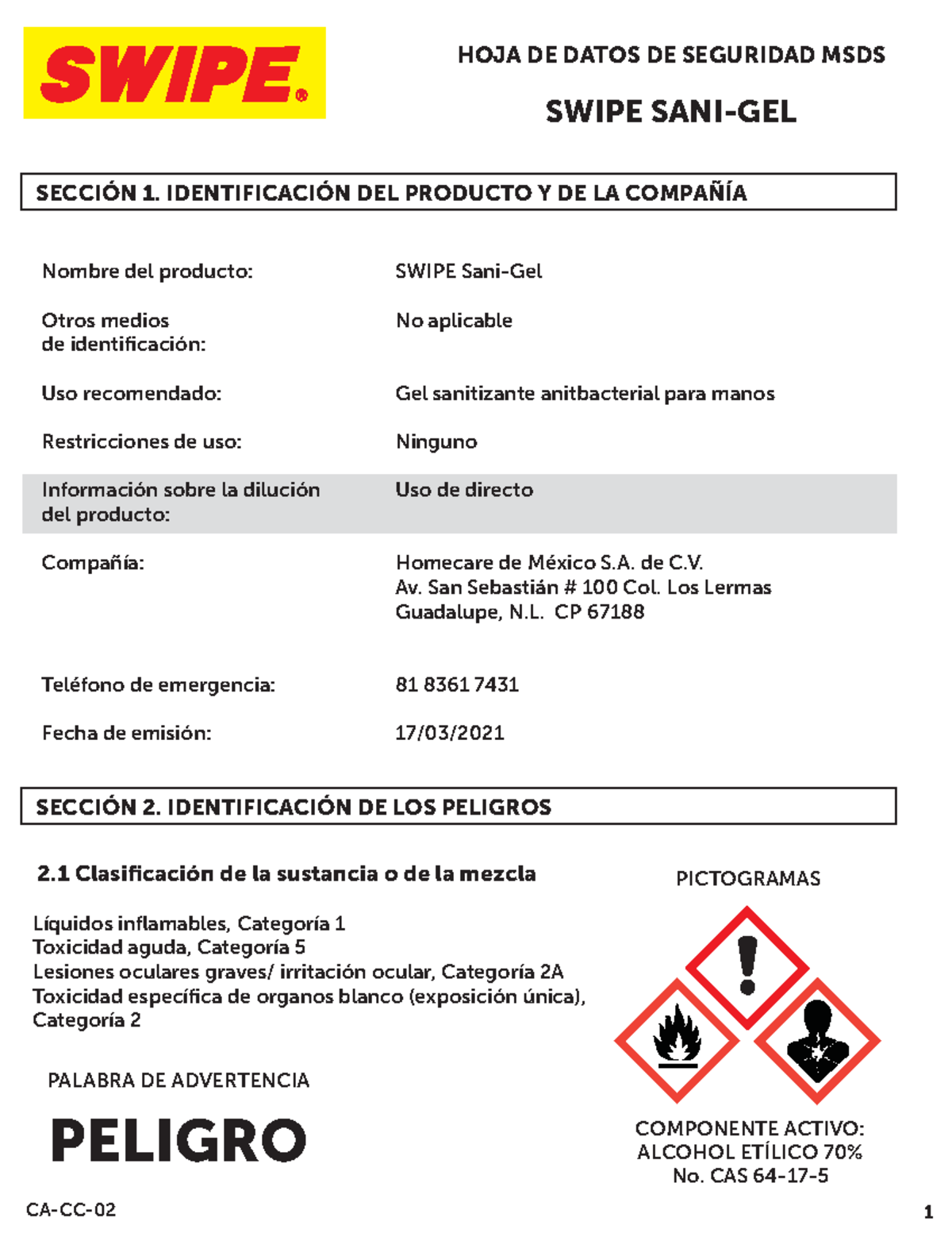 Hoja de Datos de Seguridad (MSDS) - SANI-GEL (CA-CC) - Studocu
