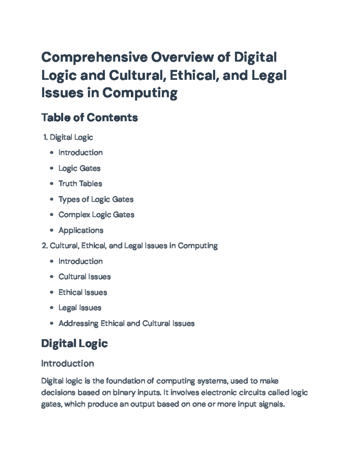 Comprehensive Overview: Digital Logic & Ethical Issues in Computing ...