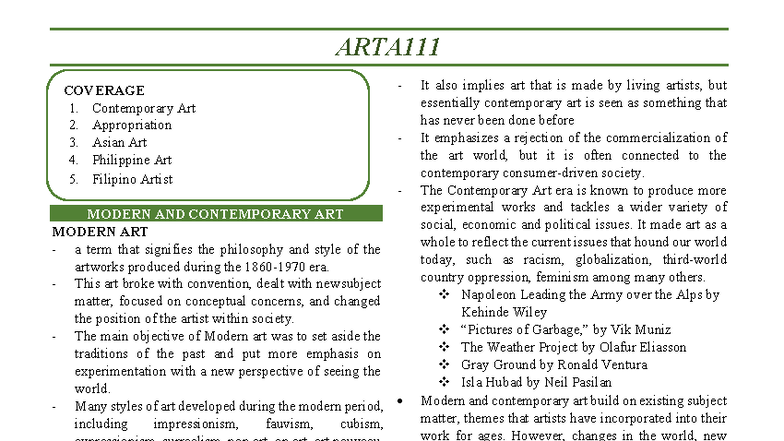 MODERN AND CONTEMPORARY ART (ART 111) Overview and Key Concepts - Studocu