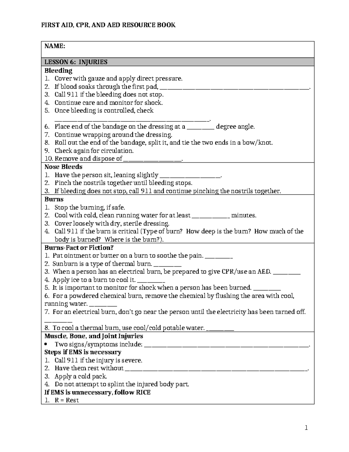 FIRST AID, CPR, AND AED RESOURCE BOOK: LESSON 6 & 7 NOTES - Studocu
