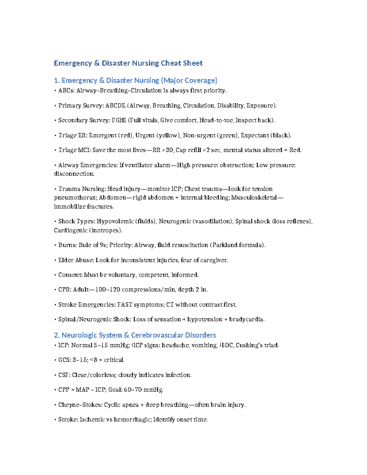 Nursing Cheat Sheet: Emergency Disaster Nursing Overview - Studocu